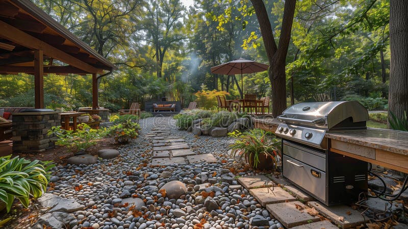 A Grill Sits in the Backyard Surrounded by Natural Landscape Stock ...