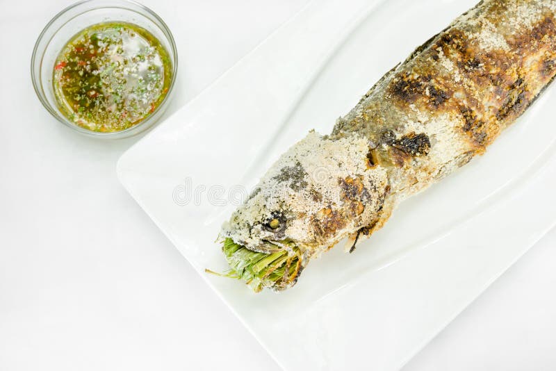 Grill Striped Snakehead Fish with Salt Coated Stock Photo - Image of ...