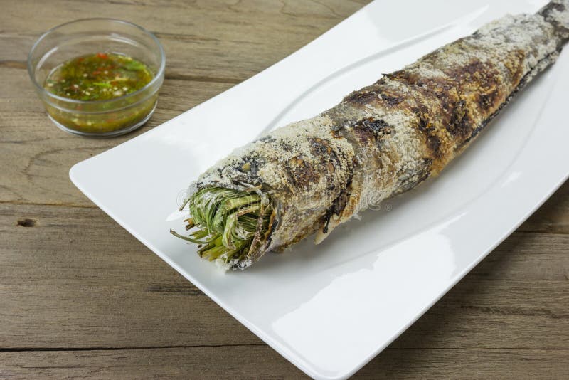 Grill Striped Snakehead Fish with Salt Coated Stock Photo - Image of ...
