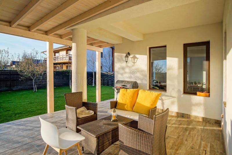 Backyard terrace stock photo. Image of wood, grill, patio - 108905118