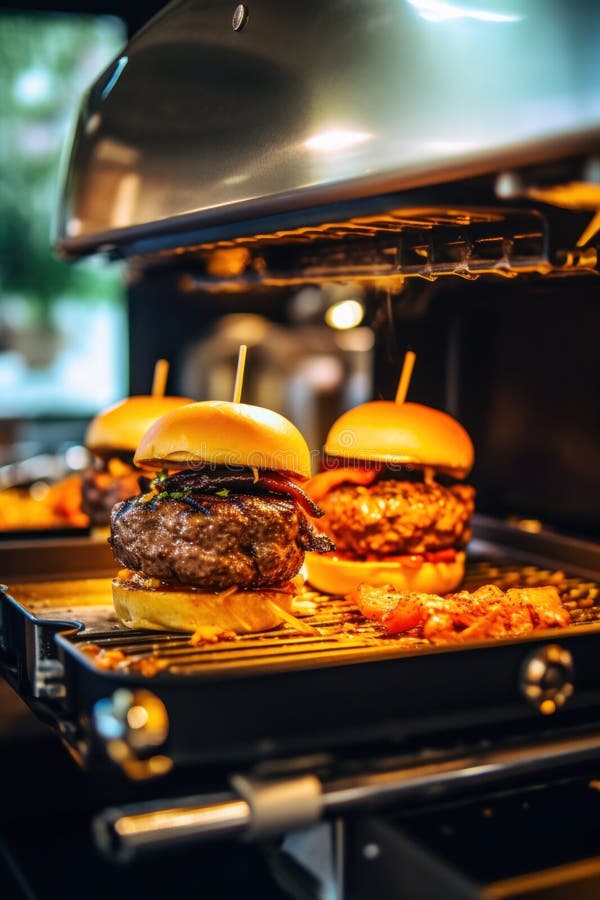 A Grill with Two Burgers Cooking on it. Generative AI Image. Stock ...