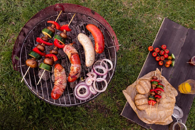 Grill with Various Delicious Barbecue Outdoor, Top View Stock Image ...