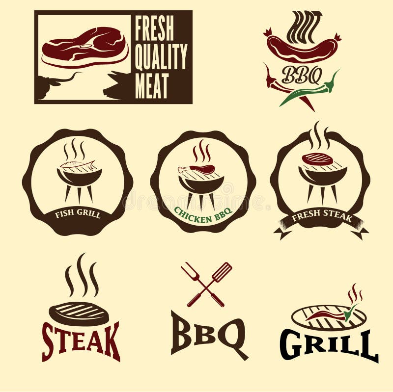 Grill Labels Set Design with Ribbon Banner Stock Vector - Illustration ...