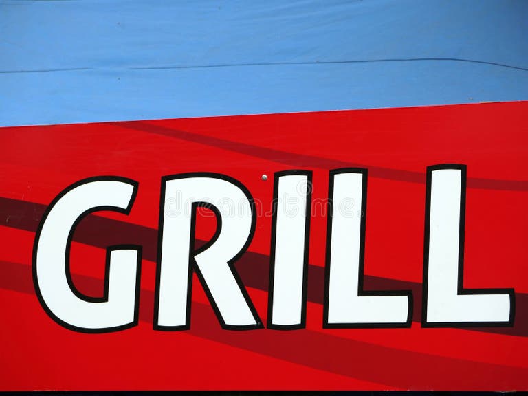 Grill Writing at Red Table with Blue Background Stock Image - Image of ...