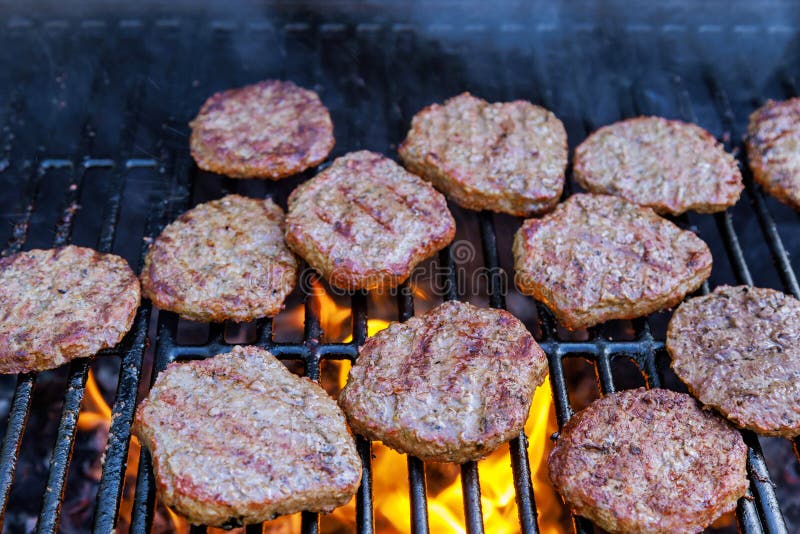 Grilled American Beef Burger Barbecue on Hot Grill on the Flame Stock ...