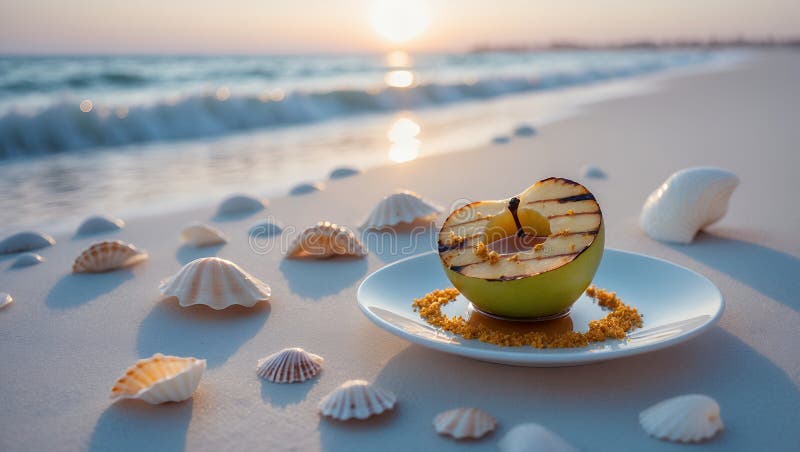 Grilled Apple Dessert on the Beach at Sunset Stock Illustration ...