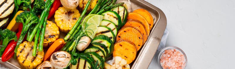 Grilled Assorted Vegetables in Beige Tray on Light Grey Background ...