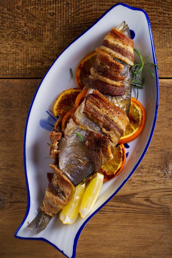 Grilled Bacon-wrapped Fish with Oranges and Rosemary, Served with ...