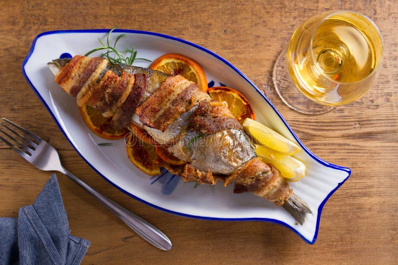 Grilled Bacon-Wrapped Whitefish. Fish Wrapped with Bacon Stock Image ...