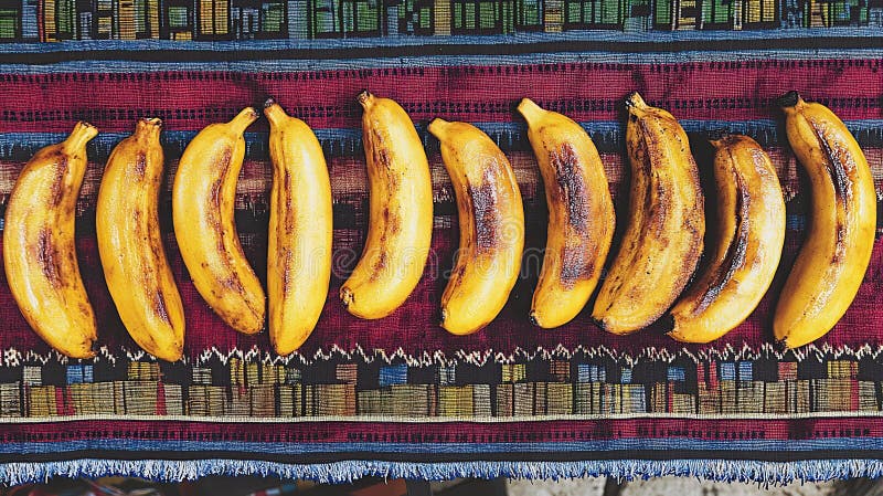 Grilled Bananas on Patterned Cloth, Overhead Shot Stock Photo - Image ...
