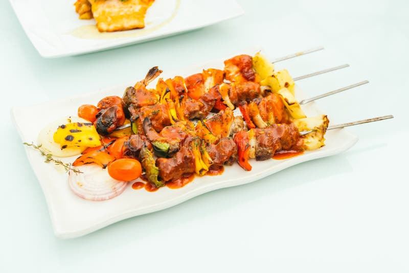 Grilled Bbq Meat Stick in White Plate Stock Image - Image of pork ...