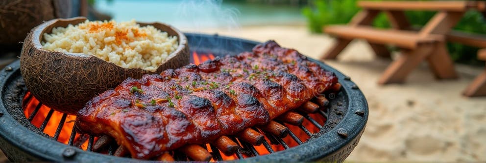 Grilled Bbq Ribs with Rice in Coconut Bowl by Beach Stock Photo - Image ...