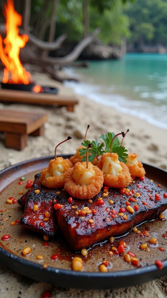 Grilled Bbq Ribs and Shrimp on Tropical Beach with Bonfire Stock Photo ...