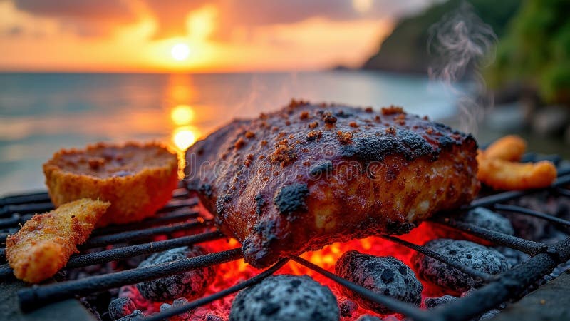 Grilled Bbq Ribs at Sunset on Beach with Glowing Charcoal and Smoky ...