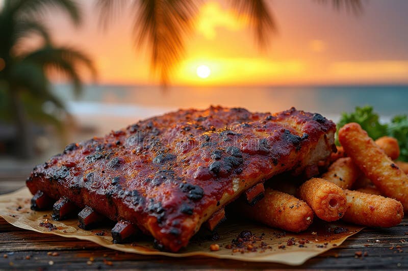 Grilled Bbq Ribs with Tater Tots at Sunset on Tropical Beach Stock ...