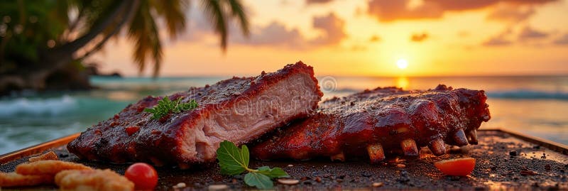 Grilled Bbq Ribs on Tropical Beach at Sunset with Palm Trees and Ocean ...