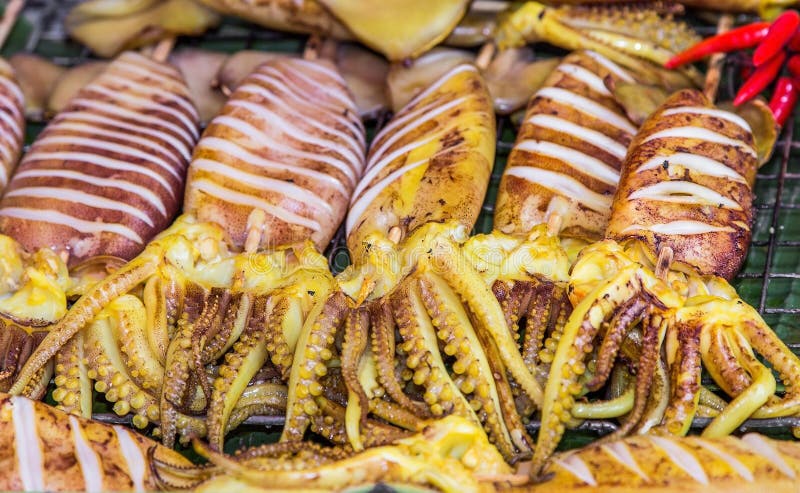 Grilled BBQ Squid on a Stick. Stock Image - Image of barbecue, cooked ...