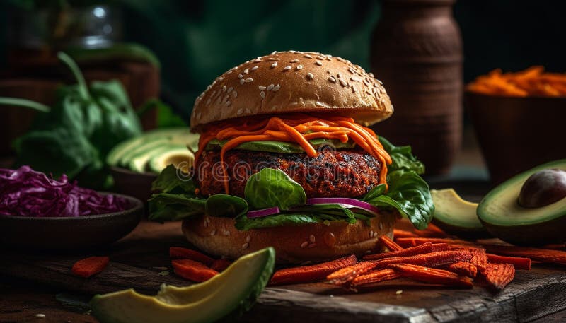 Grilled Beef Burger with Fresh Tomato and Rustic Bread Bun Generated by ...