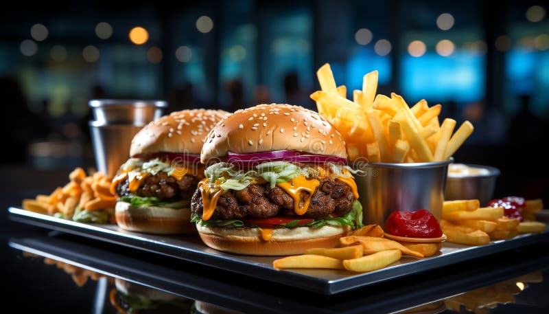 Grilled Beef Burger with Fries, Cheese, and Tomato Generated by AI ...