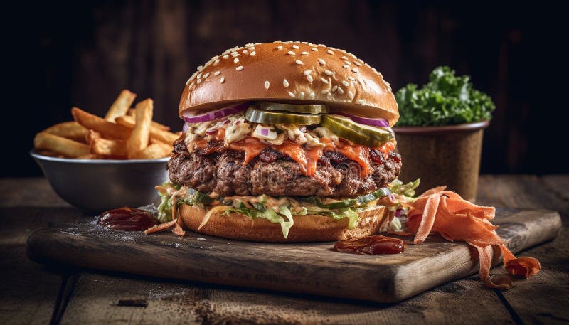 Grilled Beef Burger on Rustic Bread Bun Generated by AI Stock ...