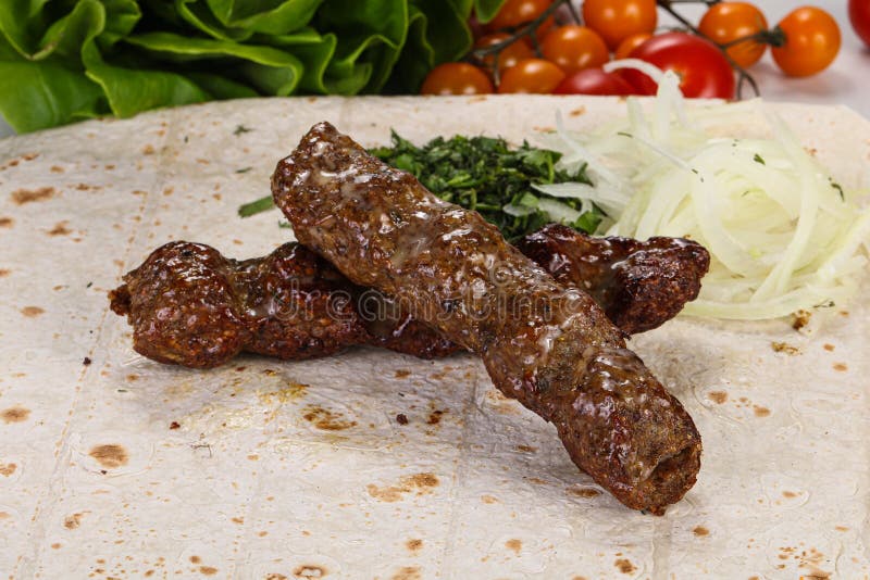 Grilled Beef Kebab with Minced Meat Stock Photo - Image of food, salad ...