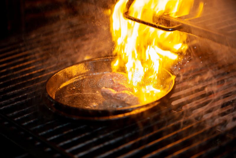 Grilled Beef and Pork Meat Steak in Frying Pan Stock Photo - Image of ...