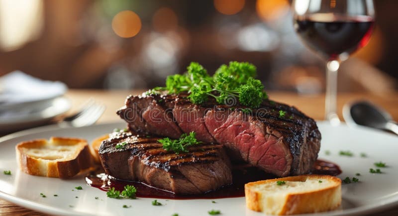 Grilled Beef Served in a Restaurant Setting with Cozy Ambiance Stock ...