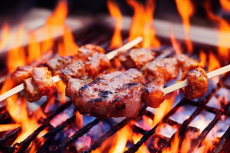 Grilled Beef Shishkabob is Roasted on Open Fire on Grate Stock ...