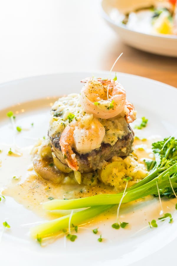 Grilled Beef and Shrimp or Prawn Steak Stock Image - Image of dining ...