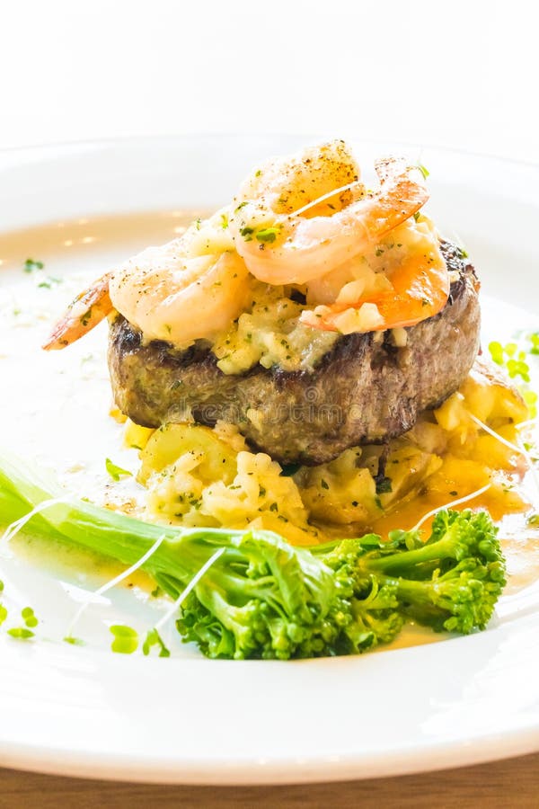 Grilled Beef and Shrimp or Prawn Steak Stock Photo - Image of prepared ...