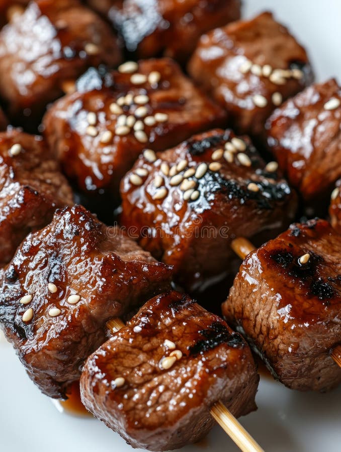 Grilled Beef Skewers with Sesame Seeds, Close-up View. Stock Image ...