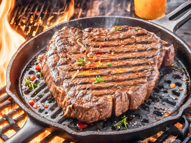 Grilled Beef Steak in a Cast-iron Stock Illustration - Illustration of ...