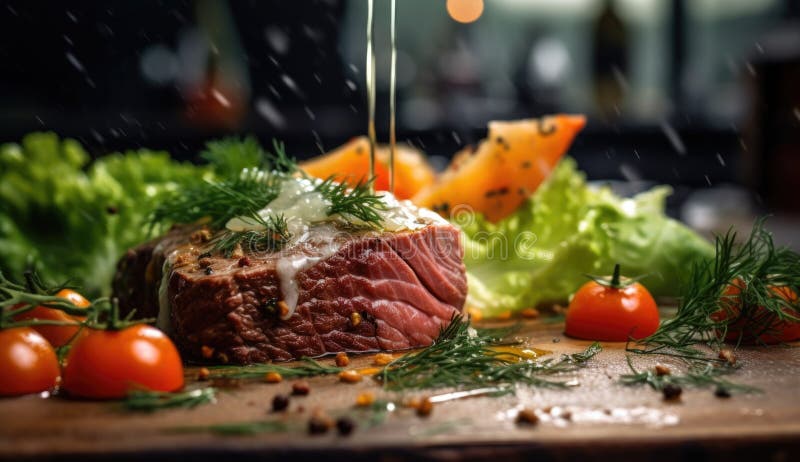 Grilled Beef Steak with Fresh Vegetables and Fruits on Wooden Table ...