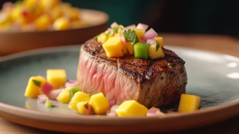 Grilled Beef Steak with Mango Salad on a Plate, Close Up. AI Generated ...