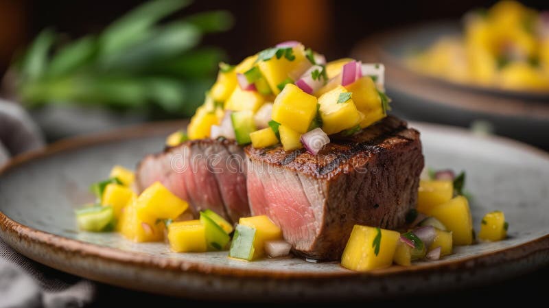 Grilled Beef Steak with Mango Salad on a Plate, Close Up. AI Generated ...