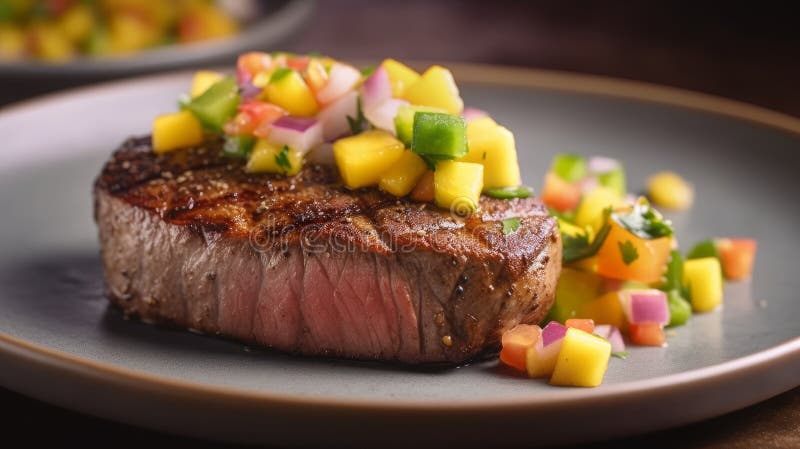 Grilled Beef Steak with Mango Salad on a Plate, Close Up. AI Generated ...