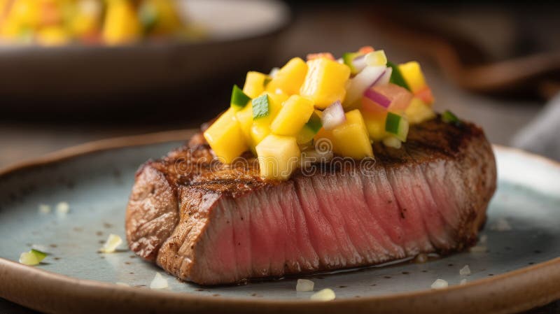 Grilled Beef Steak with Mango Salad on a Plate, Close Up. AI Generated ...