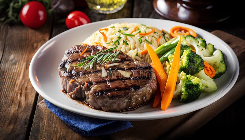 Grilled Beef Steak with Rice and Vegetables on a Wooden Table. Stock ...