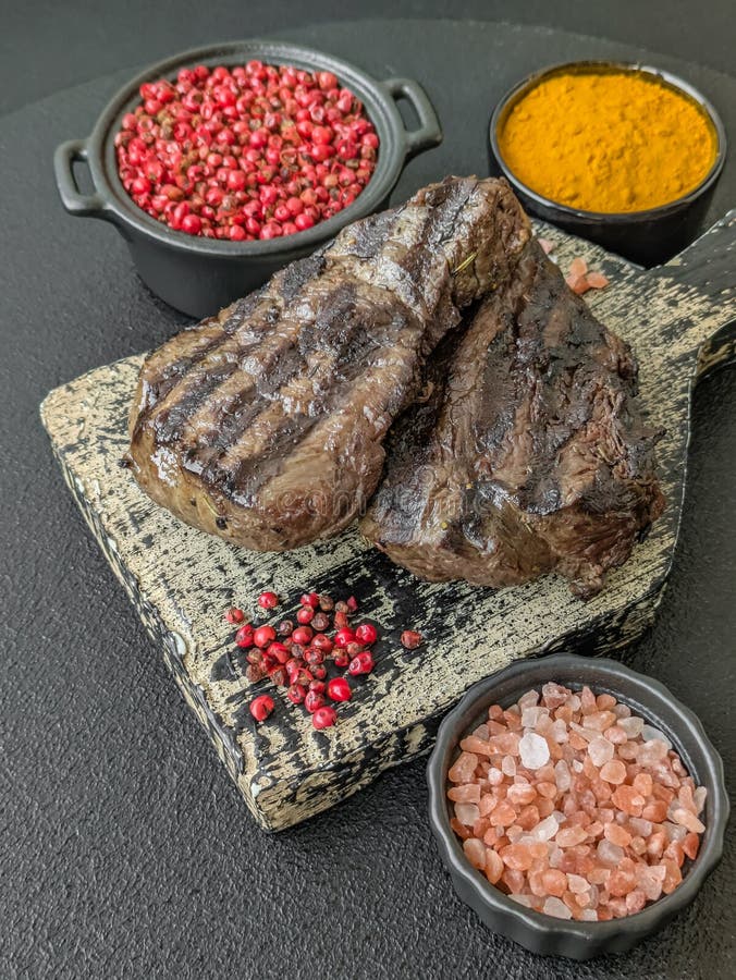 Grilled Beef Steak with Salt, Spices and Herbs Stock Image - Image of ...