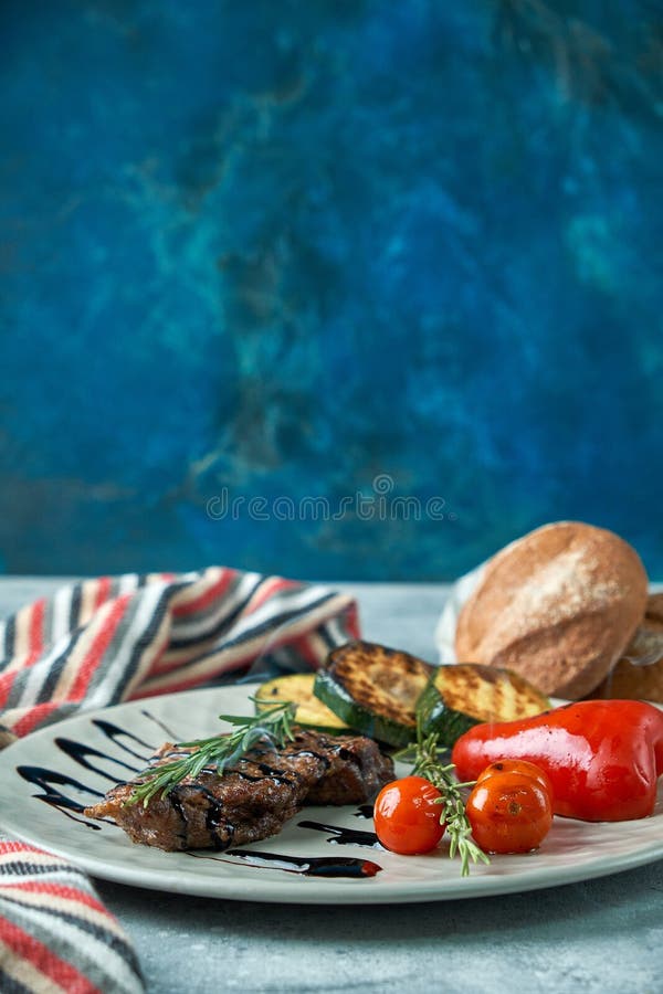 Grilled Beef Steak with Vegetables on Plate Stock Photo - Image of ...