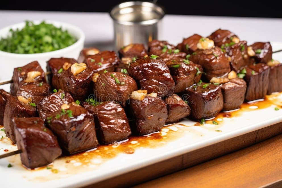 Grilled Beef Tips with Whole Garlic Bulbs on Top Stock Image - Image of ...