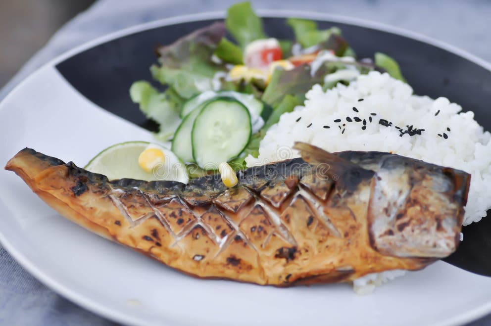 Grilled Blue Mackerel, Grilled Fish or Grilled Saba and Rice Stock ...