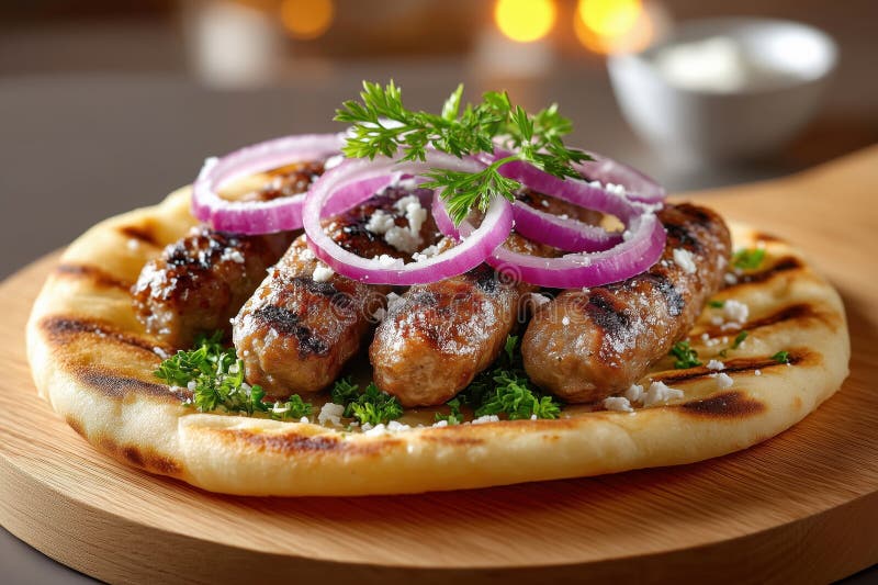 Grilled Bosnian Evapi Arranged on Flatbread Topped with Raw Onion and ...