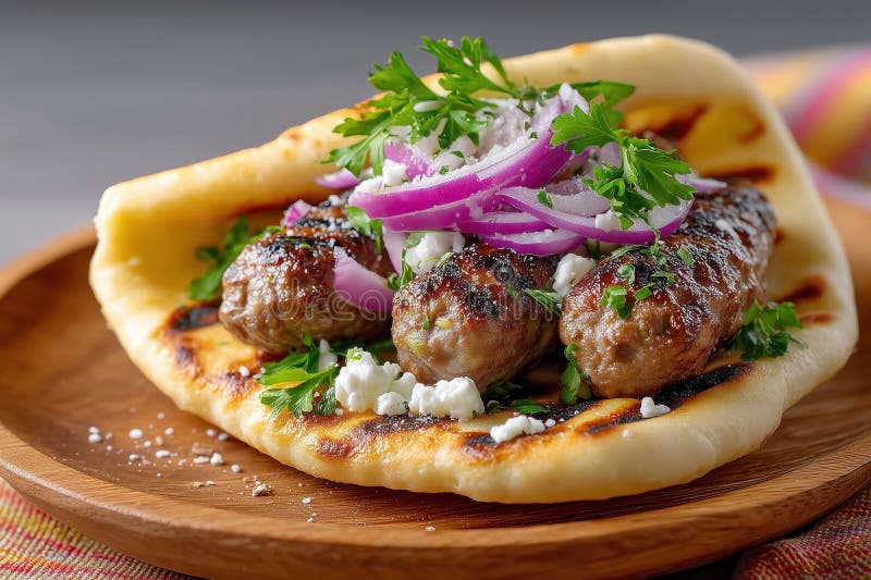 Grilled Bosnian Evapi Nestled in Warm Flatbread with Fresh Onions and Herbs. Captivating ...