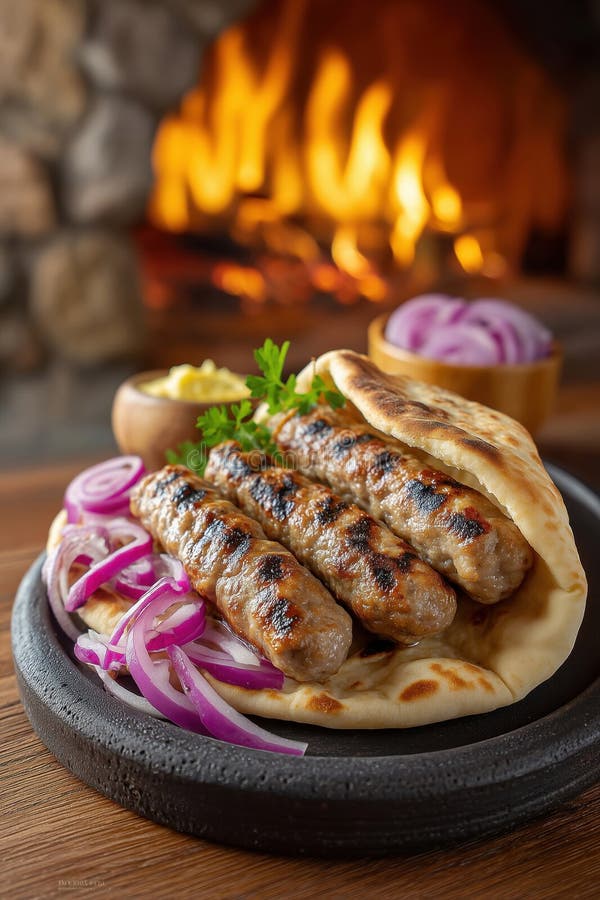 Grilled Bosnian Evapi Placed in Flatbread Pocket with Raw Onion Sprinkled on Top. Warm, Inviting ...
