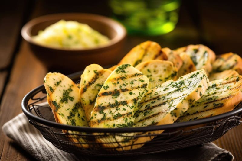 Grilled Bread Slices with Garlic Herb Butter in a Bread Basket Stock ...