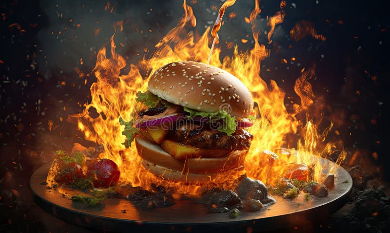 Grilled Burger on Fire Appetizing Juicy Delicious Stock Illustration ...