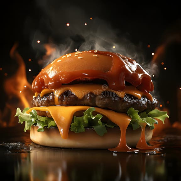 Grilled Burger with Flames and BBQ Drizzle Stock Image - Image of ...