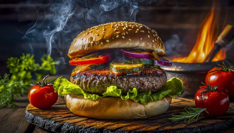 Grilled Burger with Fresh Vegetables and Flaming Background Stock ...