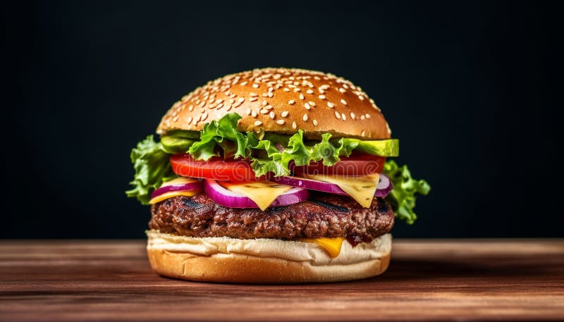 Grilled Burger on Rustic Bread, Cheese, Tomato, and Onion Generated by ...